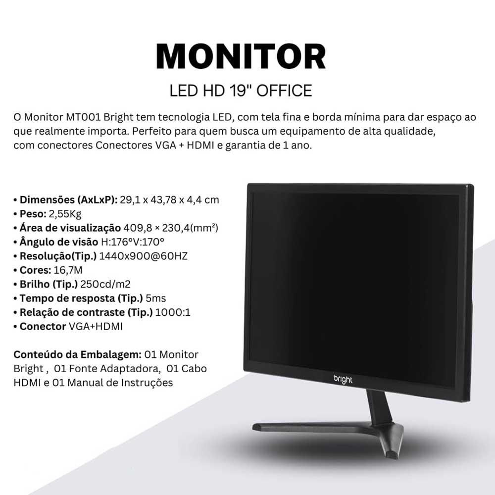 Monitor Office Bright 19" LED HD VGA+HDMI Cód.MT001 Preto - Shoploko ...