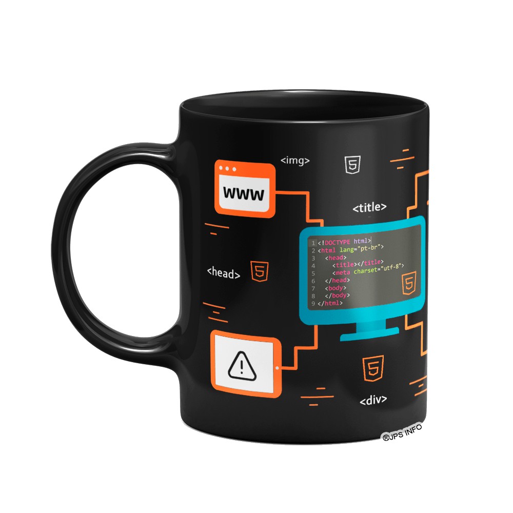 Caneca Dev HTML 5 - Preta - Fun Geek Store