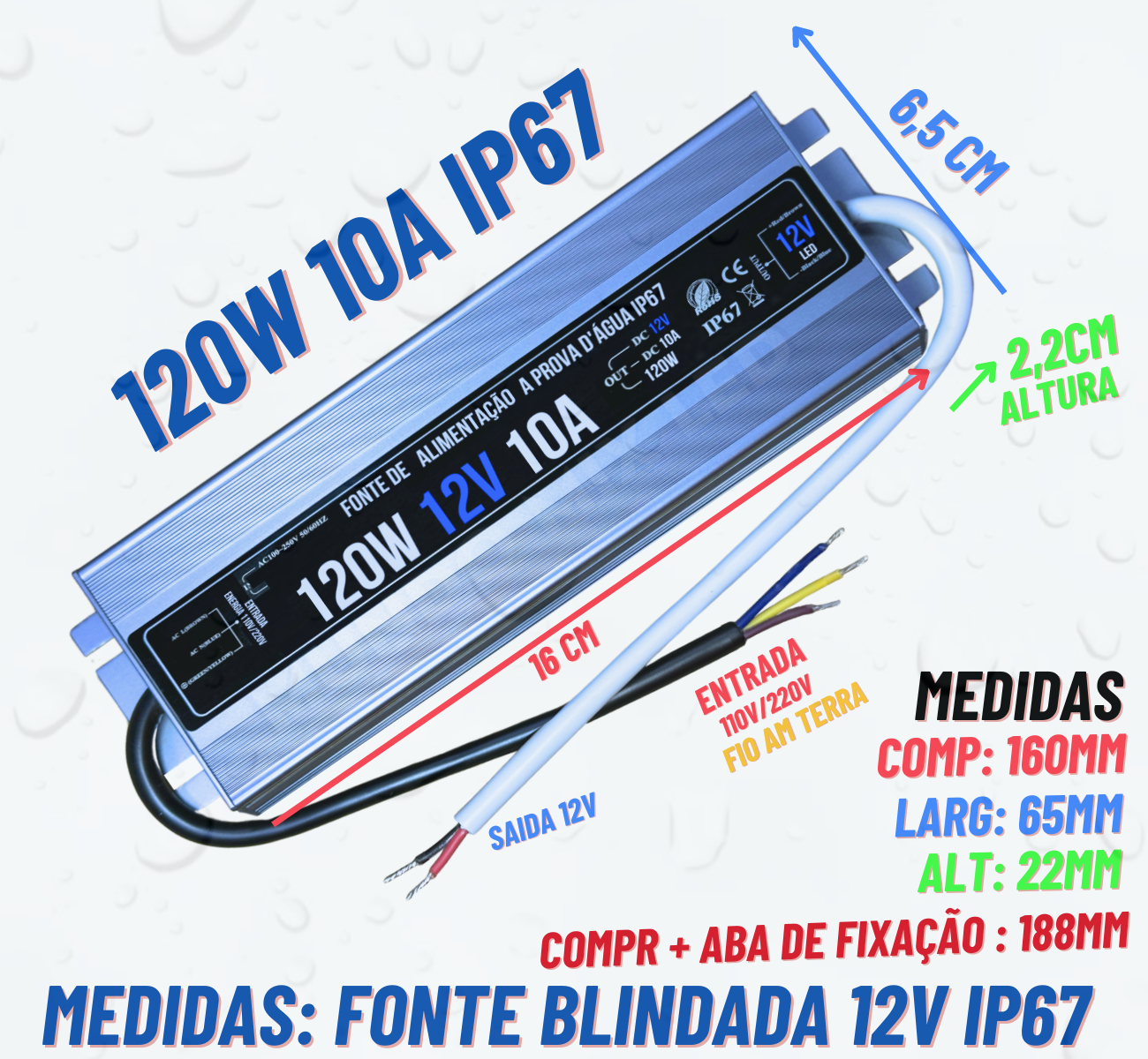 Fonte BLINDADA 120W 12V 10A IP67 Prova Dagua Premium 110V-220V Aliment ...