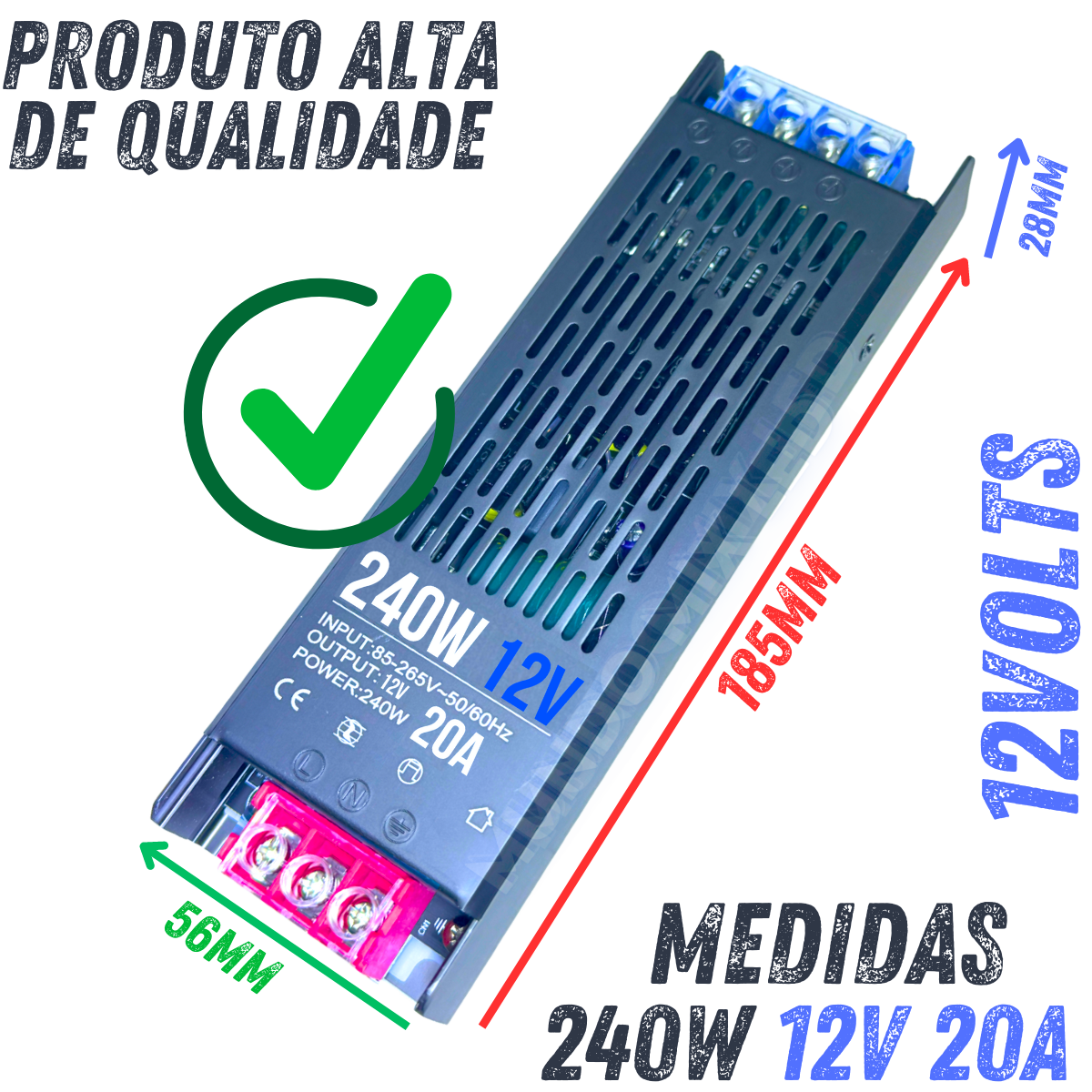 Fonte Slim 240W 20A 12v Metálica Fina Chaveada Alimentação 110v 220v ...