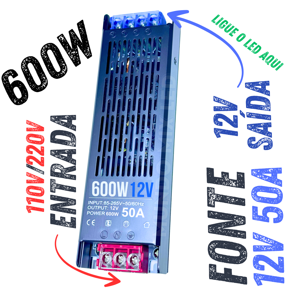 Fonte Slim 600W 50A 12v Metálica Fina Chaveada Alimentação 110v 220v ...