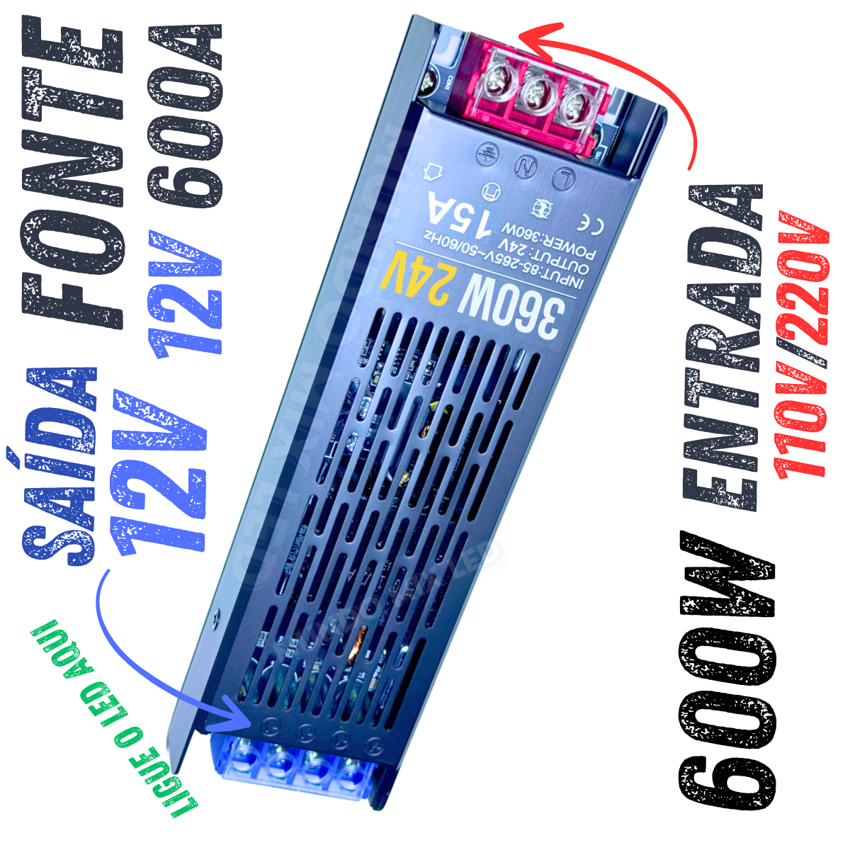 Fonte Slim 600W 50A 12v Metálica Fina Chaveada Alimentação 110v 220v ...