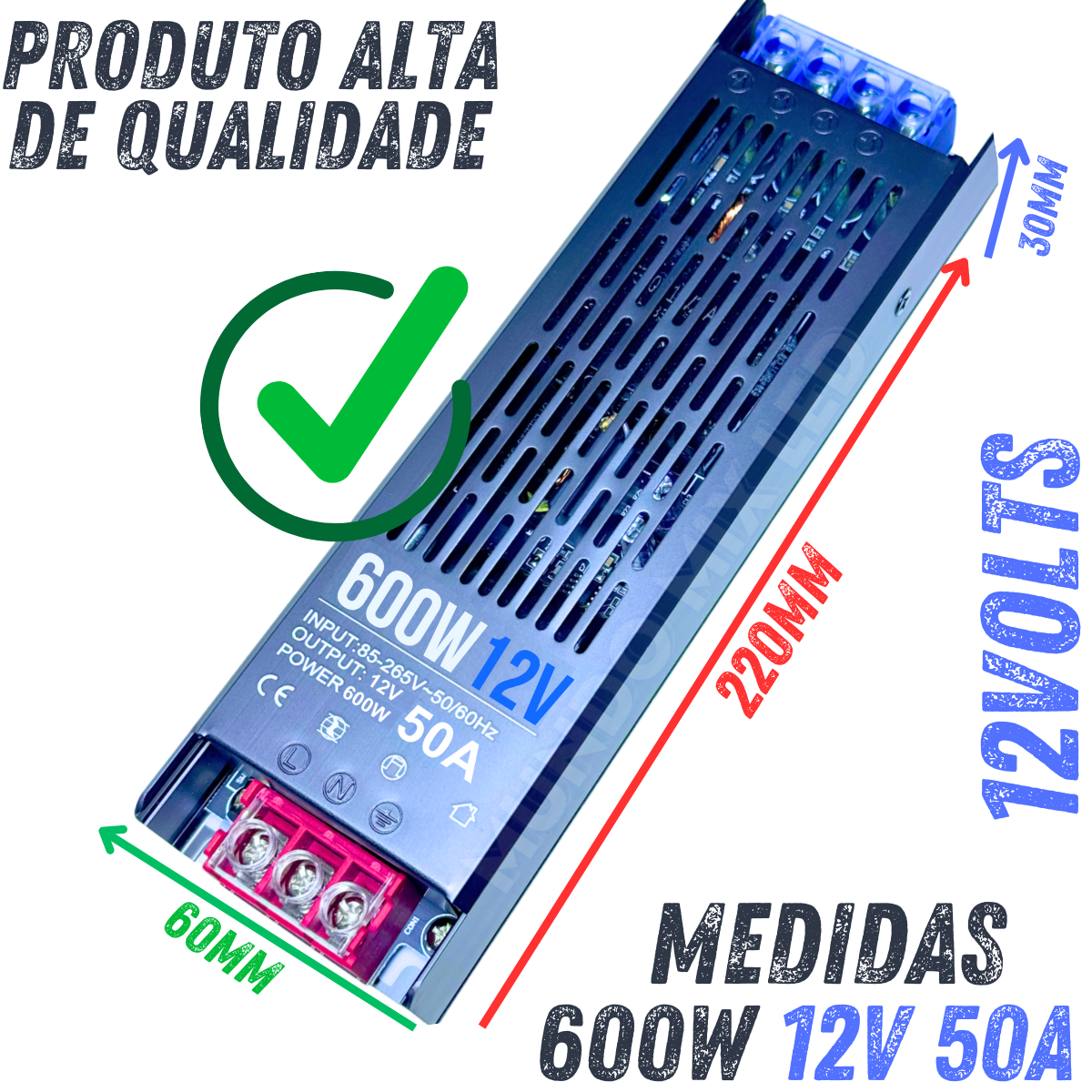 Fonte Slim 600W 50A 12v Metálica Fina Chaveada Alimentação 110v 220v ...
