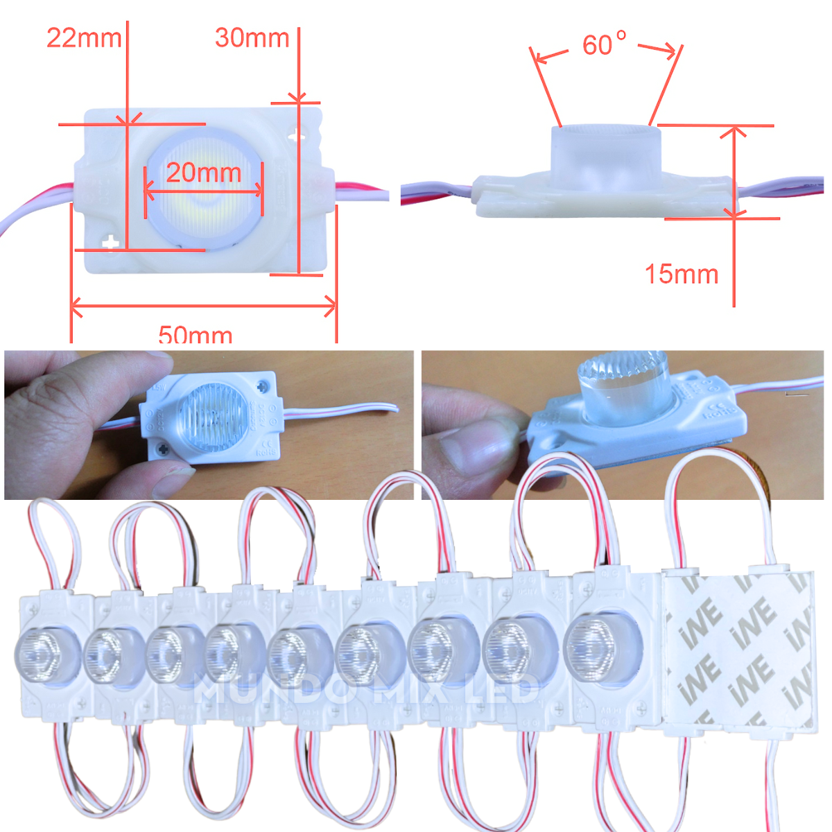 módulo led mega lente 3030 1,5w 12v 1-led amarelo âmbar ip67 12volts ...
