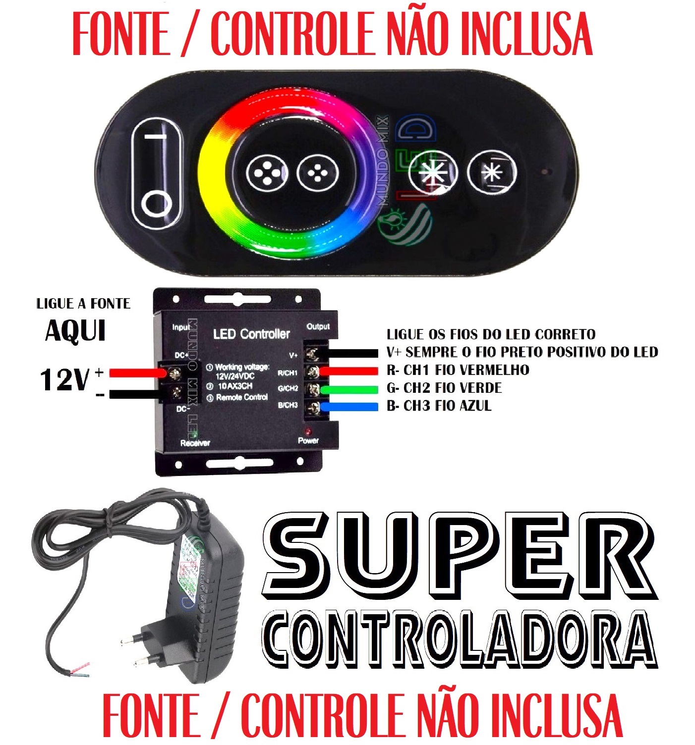 Controladora RGB Touch screen 360W 30A 12v-24v Comando Analogico ...
