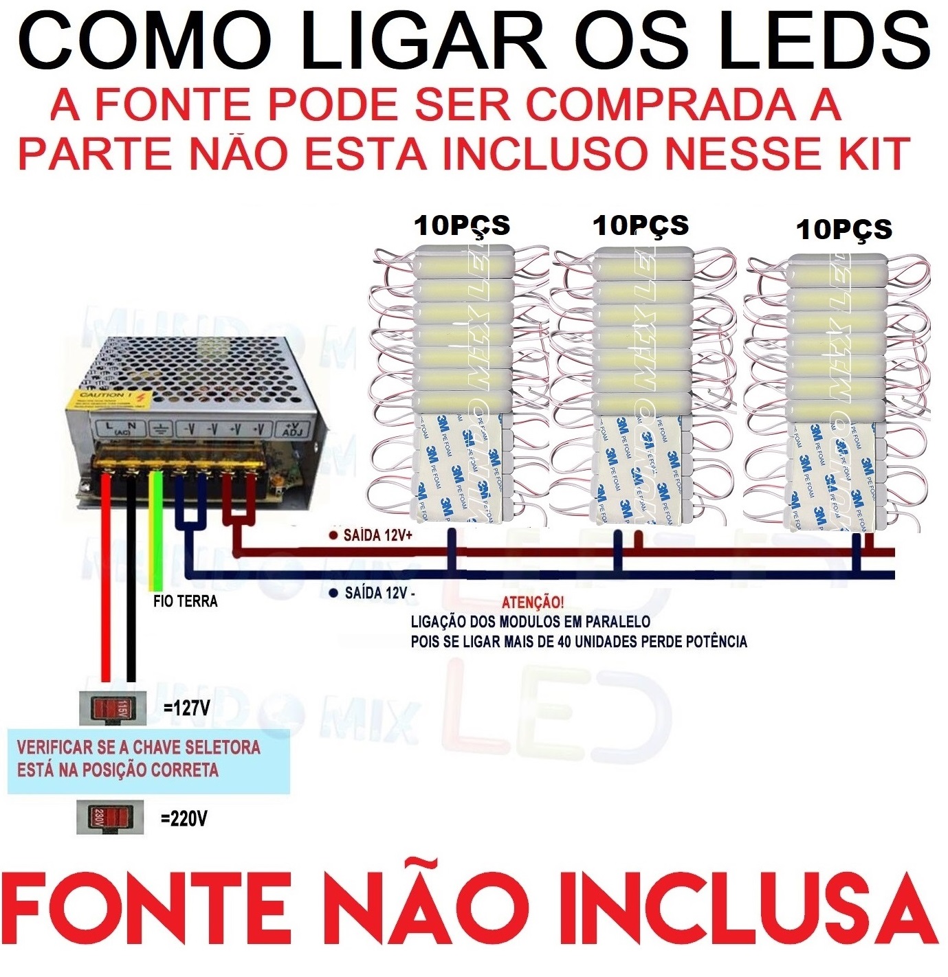 Módulo Led 8520 COB 2,5W 12V Branco Frio 9-leds 180º ip67 12volts ...