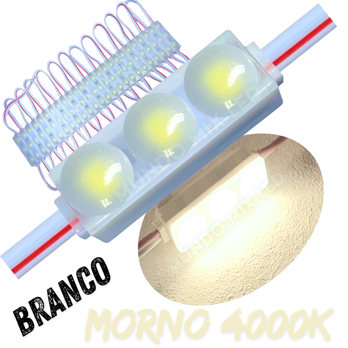 Micro Módulo LED 2835 30mm 0,6W 3-LEDs Branco Morno 4000K 12V IP67 Inj ...