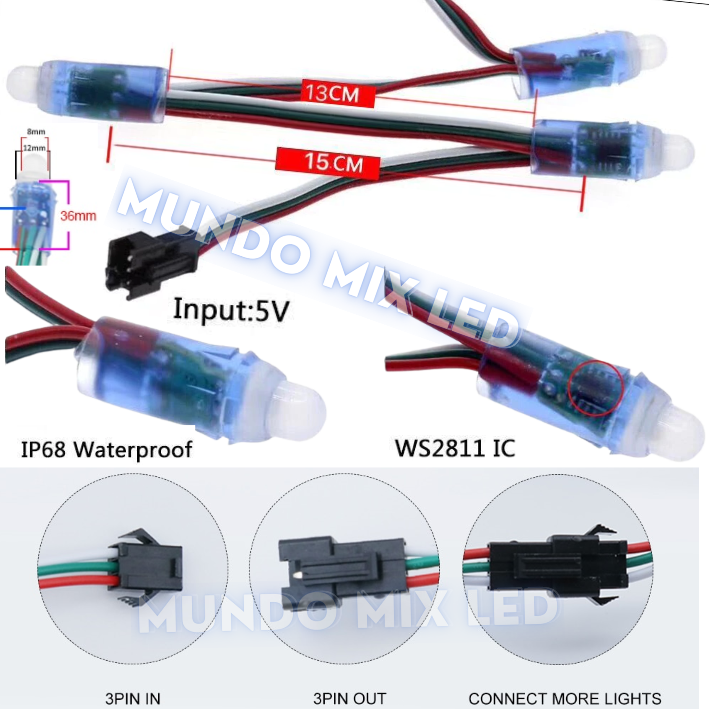 Pixel LED 12mm RGB 5V Digital 2811 IP68 1-Led 0,25W 5olts Endereçável ...