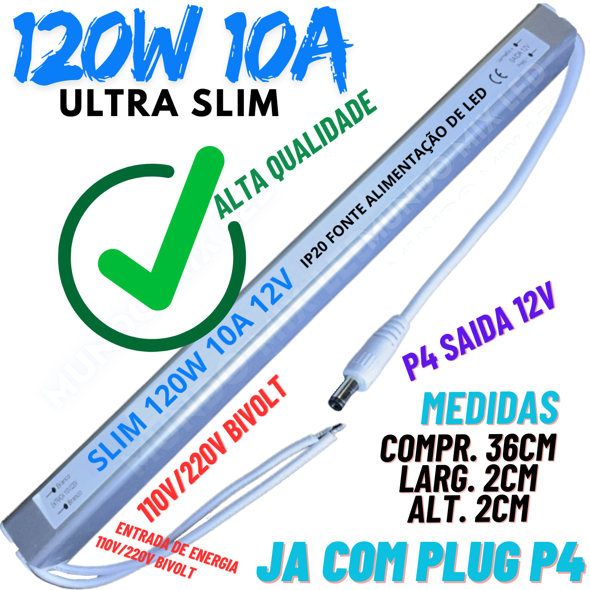 Fonte ULTRA Slim 120W 10A 12V Fina Alumínio Alimentação Palito 110v 22 ...