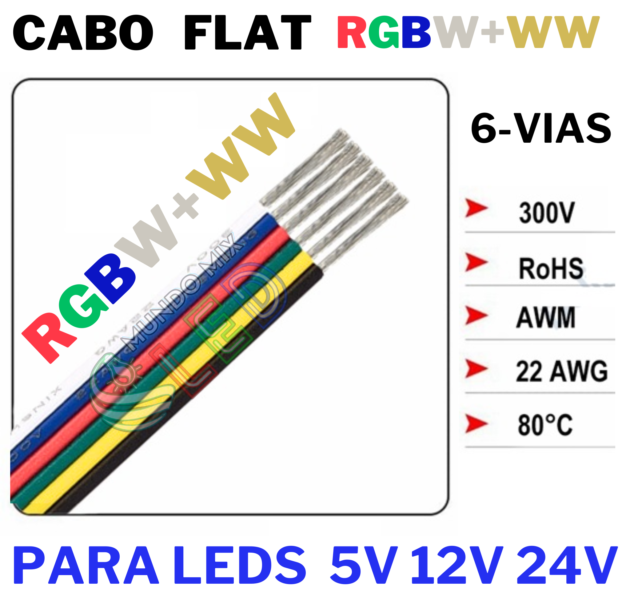 Cabo FLAT RGB 6-Vias 6X1.50mm Para LEDs RGB Neon Fita 5V 12V 24V ...