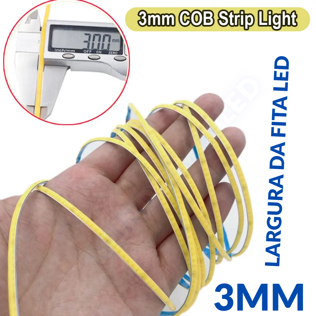 Fita LED COB 3MM Ultra Fina 320LEDs 9W /MT Branco Morno 4.000k IP20 12 ...