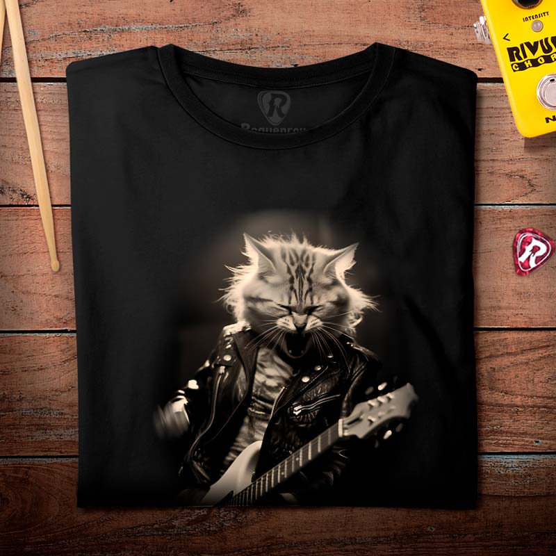 Camiseta Cat Guitar Player | 100% Algodão - Roquenrou | Estampado na Veia!