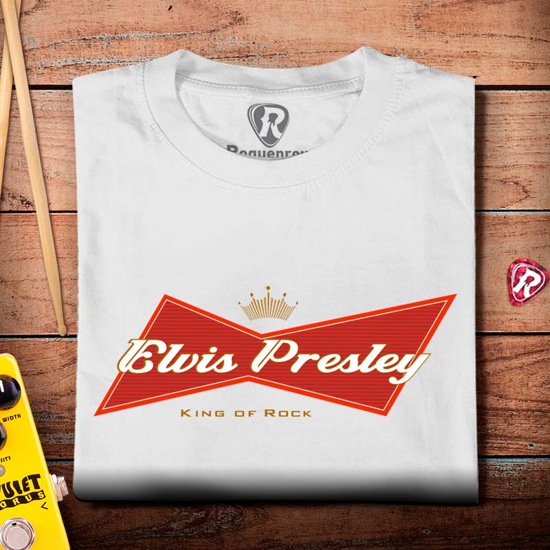 Camiseta Elvis Bud King of Rock Branca | 100% Algodão - Roquenrou | Estampado na Veia!