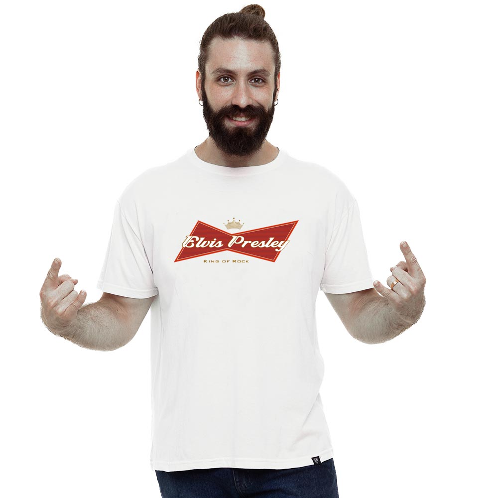 Camiseta Elvis Bud King of Rock Branca | 100% Algodão - Roquenrou | Estampado na Veia!