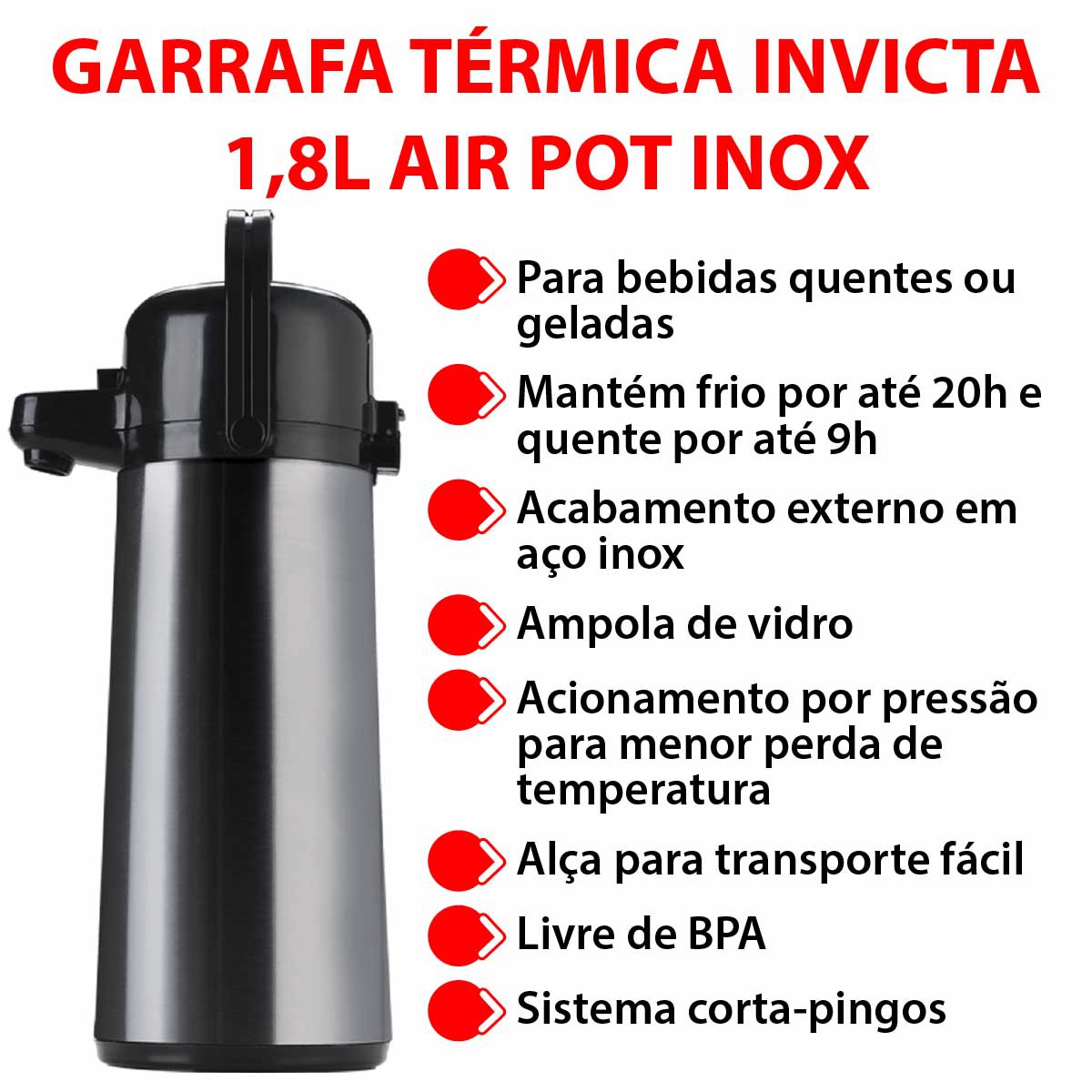 Garrafa Térmica Invicta Air Pot Inox 1.8 Litros Café Água Chimarrão ...