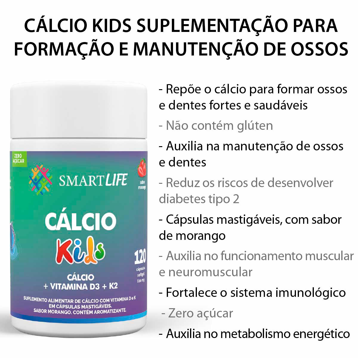 Suplemento Cálcio Kids Criança Vitamina D + K2 Mastigável 120 Cápsulas ...