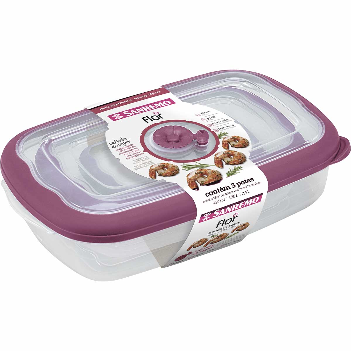 Kit 3 Potes Plástico Sanremo Flor Retangular Hermético com Válvula ...