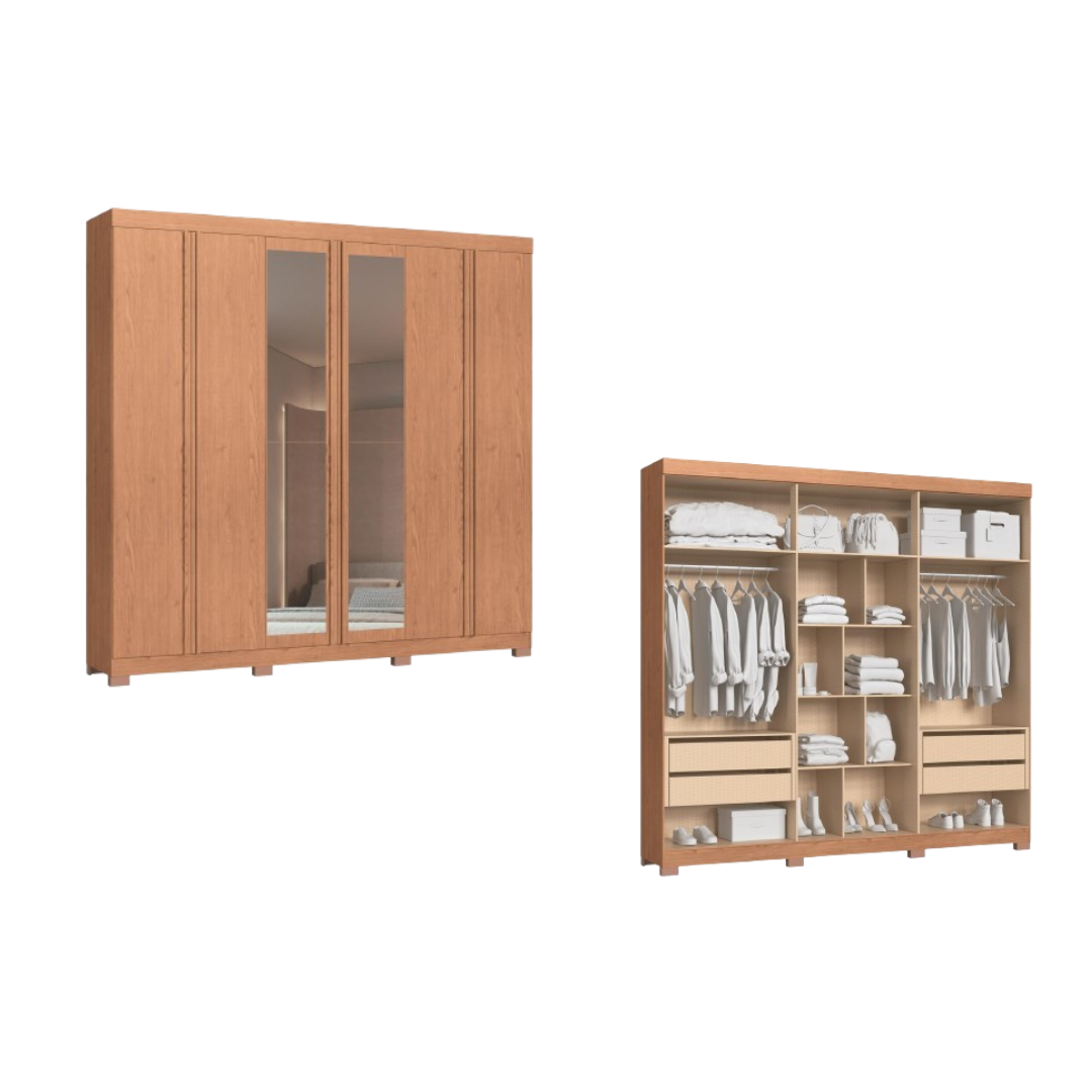 Roupeiro 06 Portas Eros 100% MDF com Espelho - 3450M - Cedro - Moveis ...