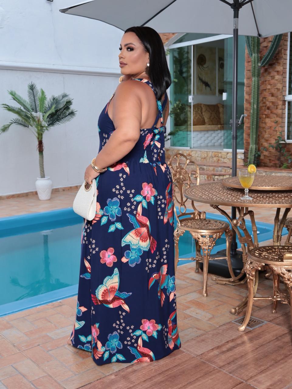 Vestido Celeste Azul Marinho Verão Plus Size - Belíssima 48 - Belissima48
