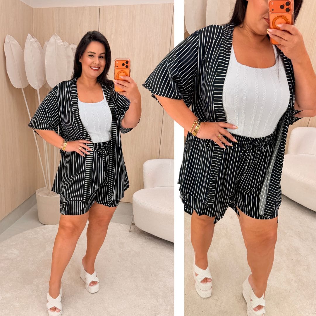Conjunto Kimono Listra Elisa Preto Plus Size - Belíssima 48 - Belissima48