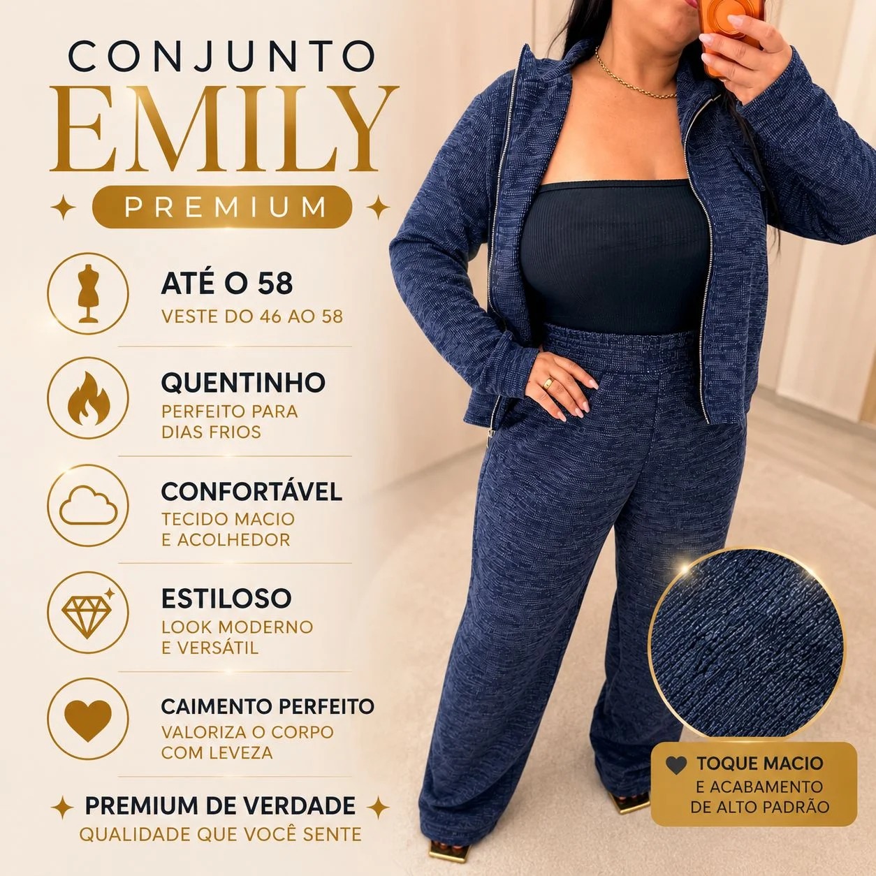 Conjunto Vip Manga Longa Emily Azul Marinho Plus Size - Belíssima 48 ...