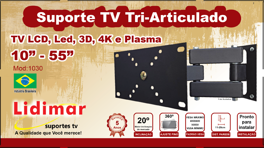 Suporte TV Tri Articulado REFORÇADO 10 à 55 Polegadas Lidimar 1030 ...