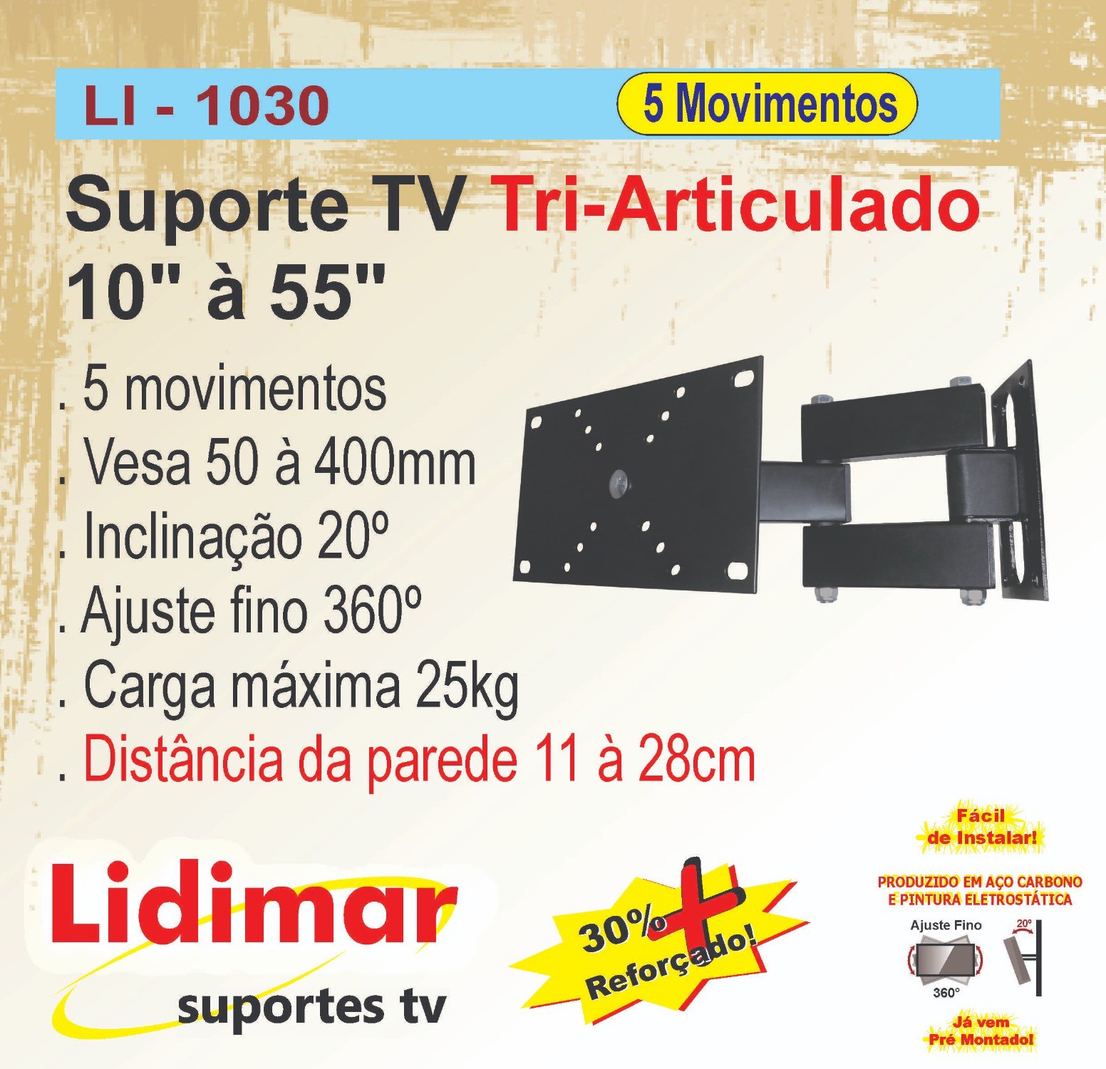 Suporte TV Tri Articulado REFORÇADO 10 à 55 Polegadas Lidimar 1030 ...