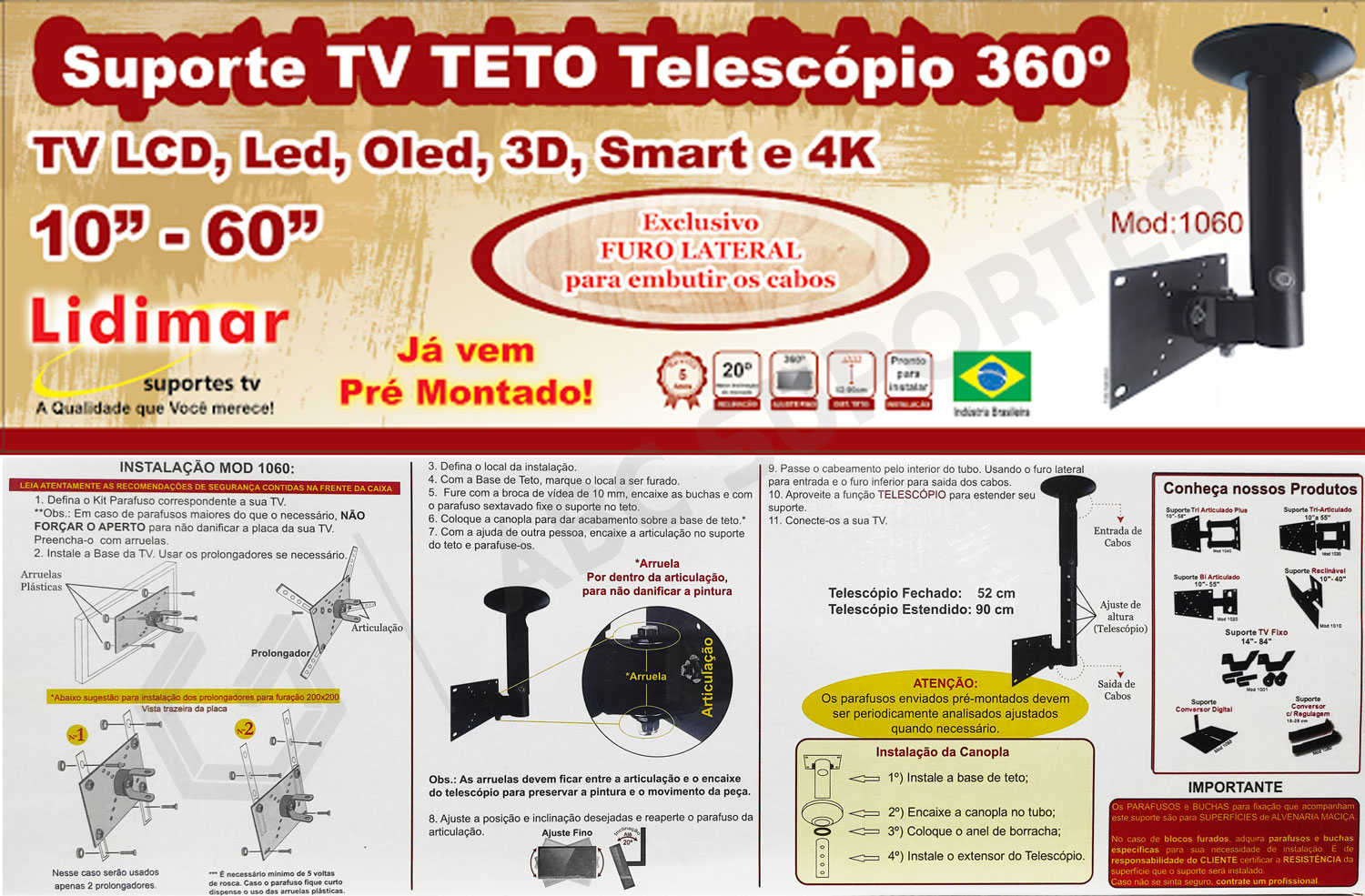 Suporte TV Teto / Balcão Telescópio 360° REFORÇADO 10 à 60 Polegadas ...