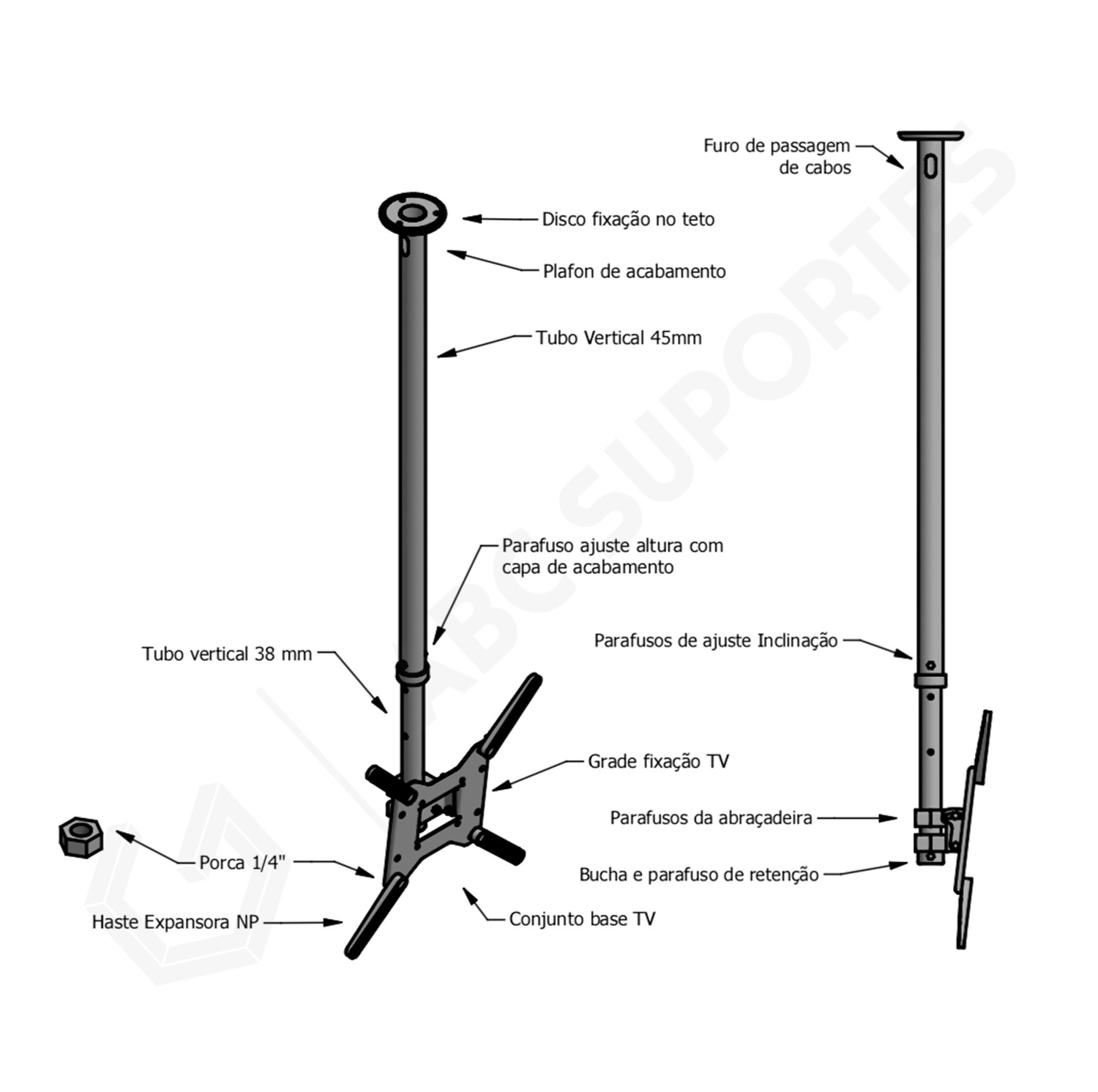 Suporte TV Teto Telescópio 360° 19 à 65 Polegadas SLF-2040TTG-B - ABC ...