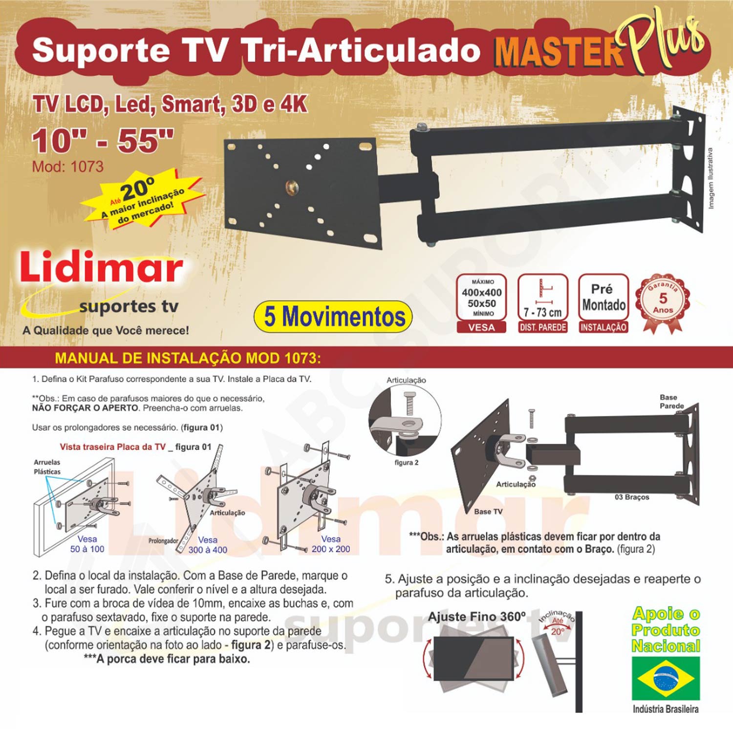 Suporte TV Tri Articulado MASTER Plus REFORÇADO 10 à 55" Lidimar 1073 ...