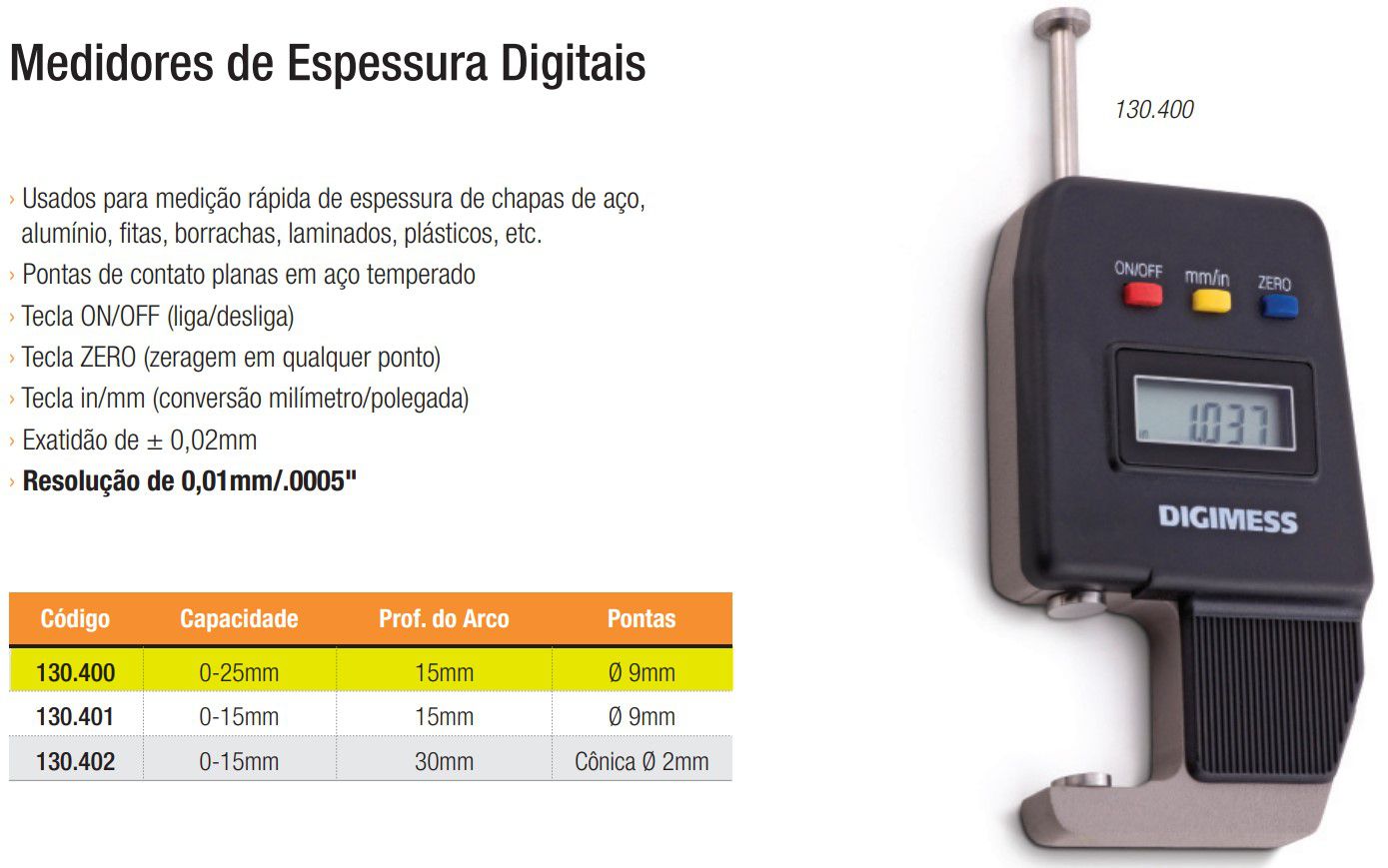 Medidor de Espessura Digital Capacidade 0-25mm Digimess - CÔVADO MEDIÇÕES
