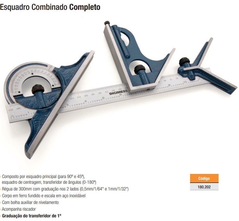 Esquadro Combinado Completo Com Régua de 300 mm Digimess - CÔVADO MEDIÇÕES