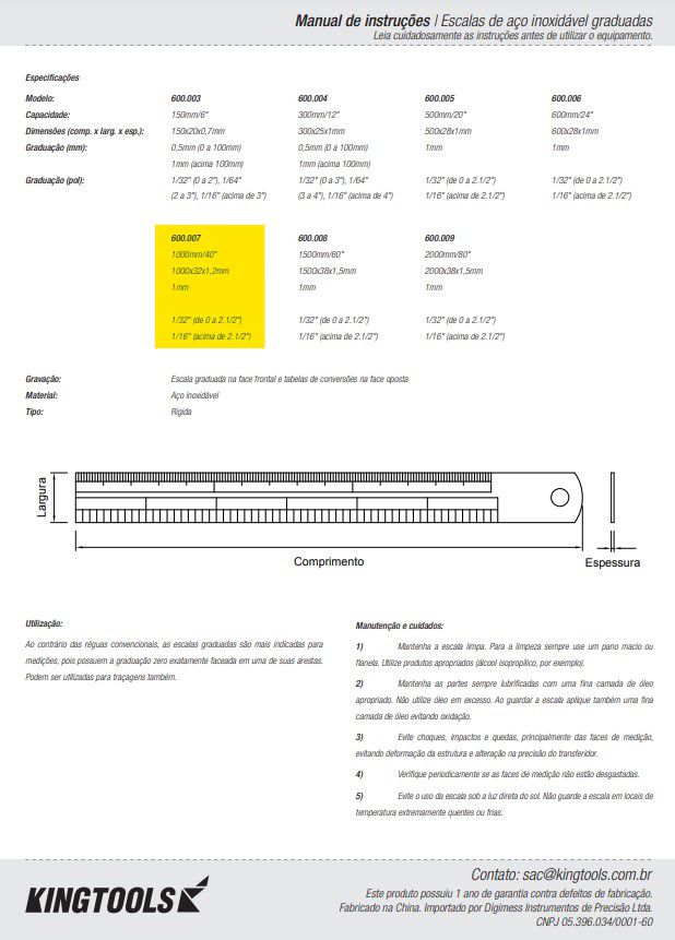 Escala em Aço Inoxidável 1000mm Código 600.007 Kingtools - CÔVADO MEDIÇÕES