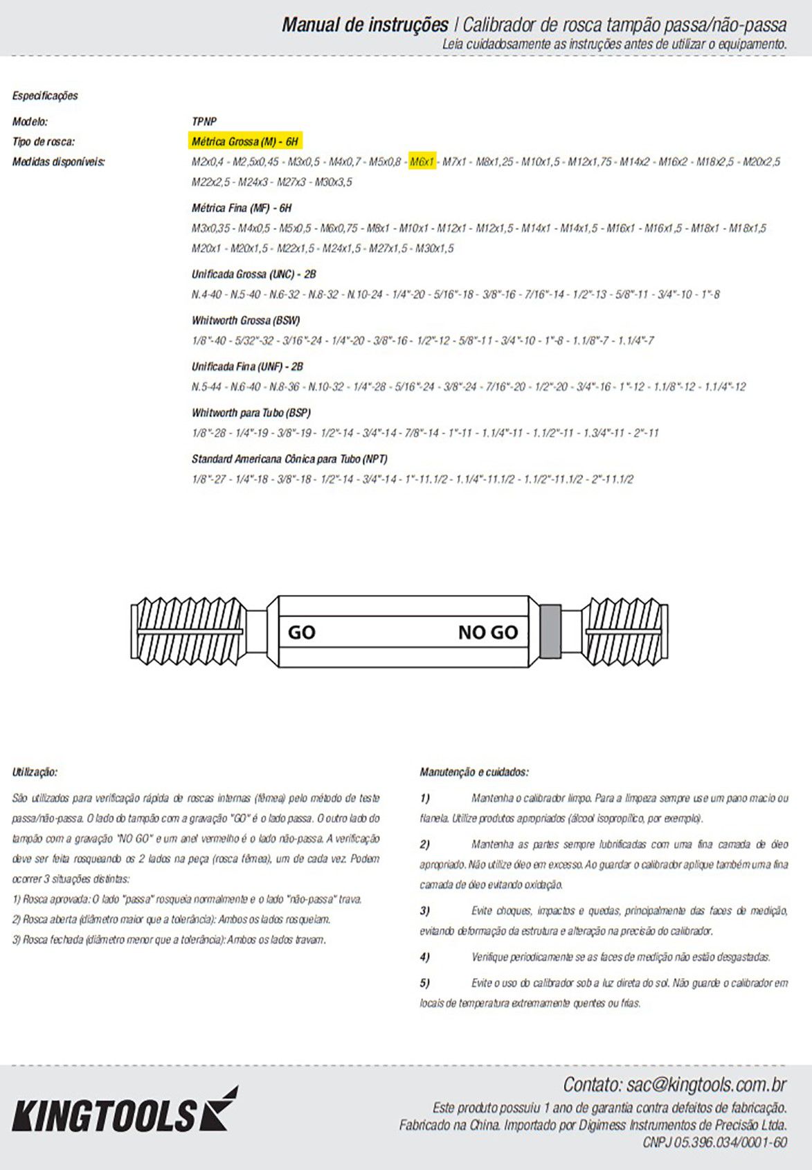Calibrador de Rosca Tipo Tampão Passa e Não Passa Rosca Métrica Grossa ...