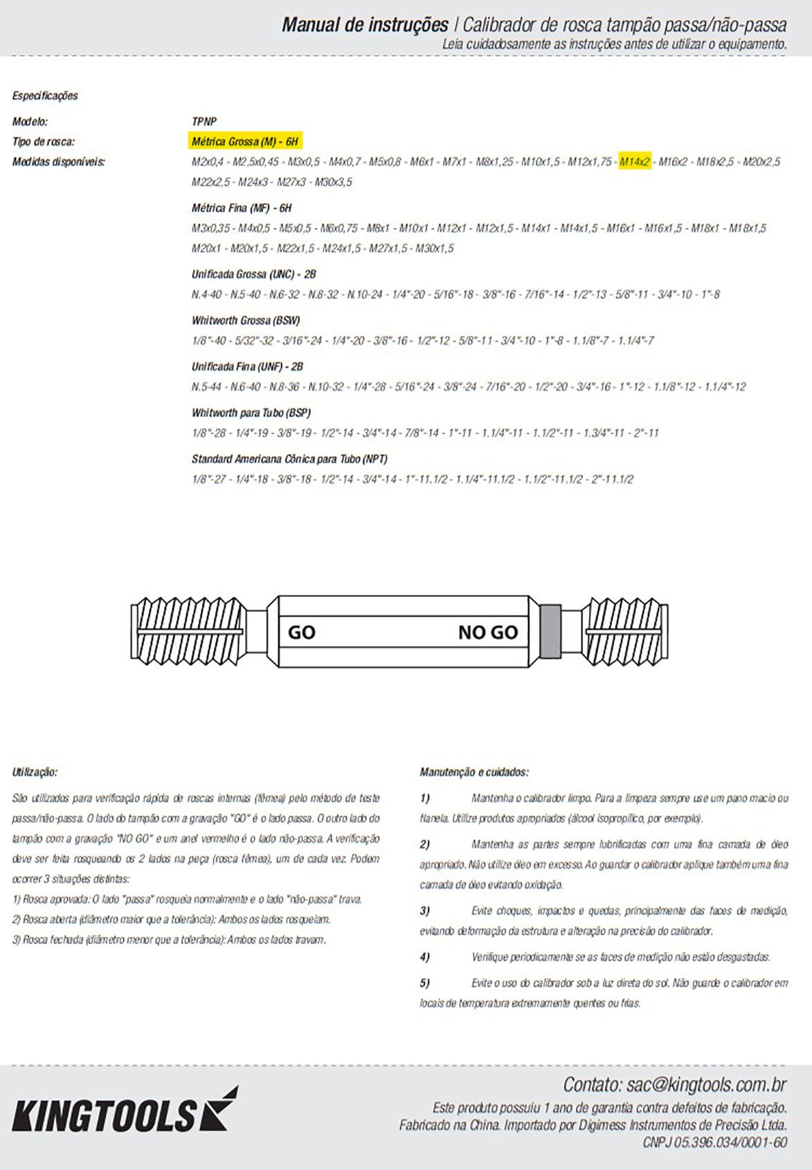 Calibrador de Rosca Tipo Tampão Passa e Não Passa Rosca Métrica Grossa ...
