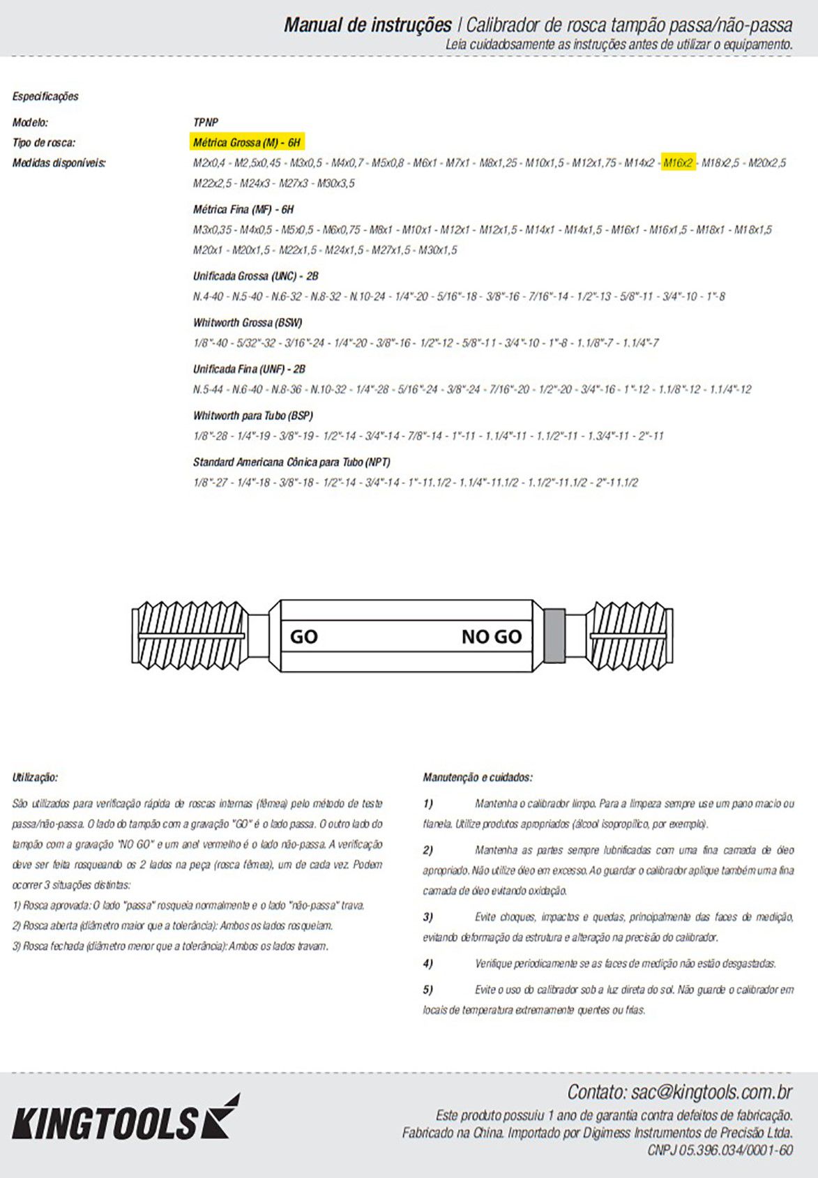 Calibrador de Rosca Tipo Tampão Passa e Não Passa Rosca Métrica Grossa ...