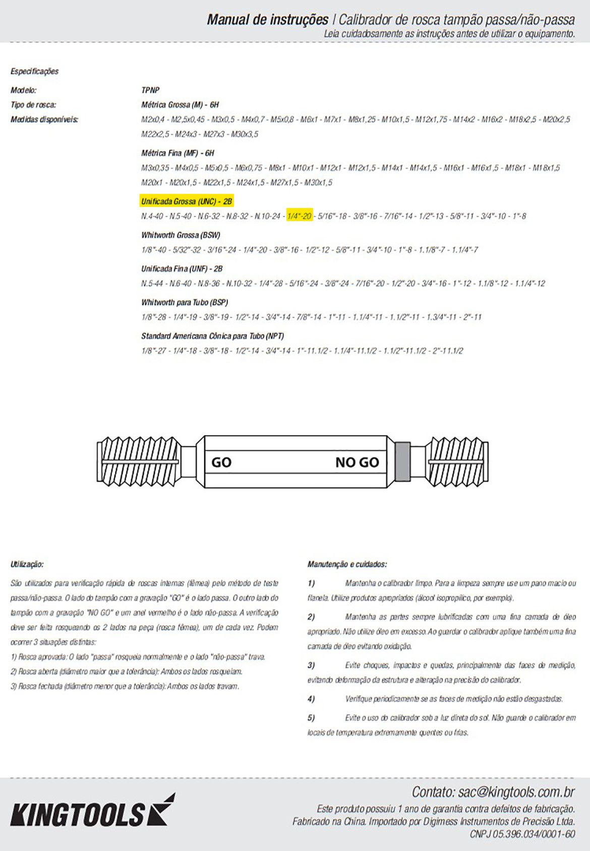 Calibrador de Rosca Tipo Tampão Passa e Não Passa Rosca Unificada ...