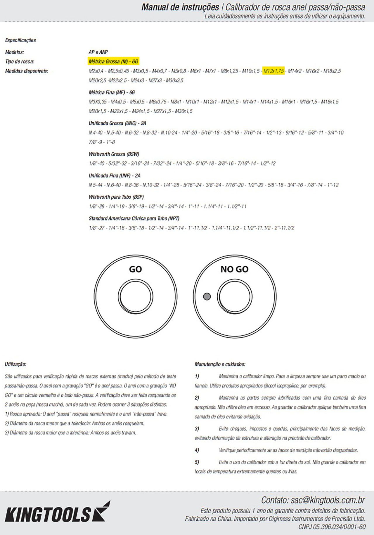 Calibrador de Rosca Tipo Anel Lado Passa Rosca Métrica Grossa (M) 6G ...