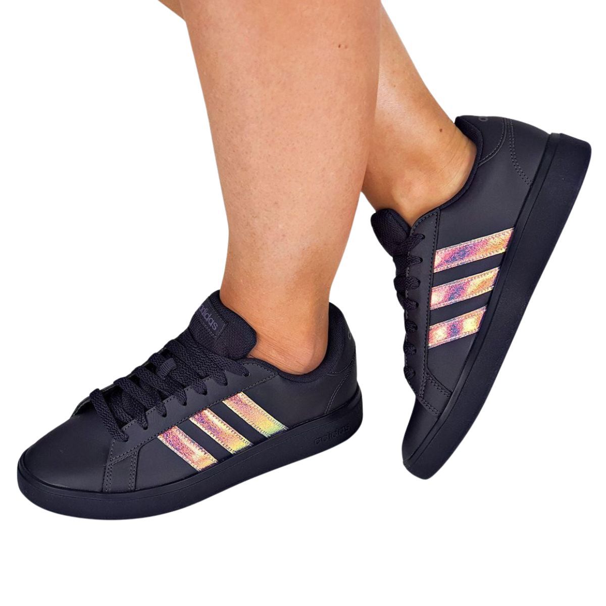 Tênis Adidas Grand Court Base 2.0 Feminino Preto Holográfico - Dom ...