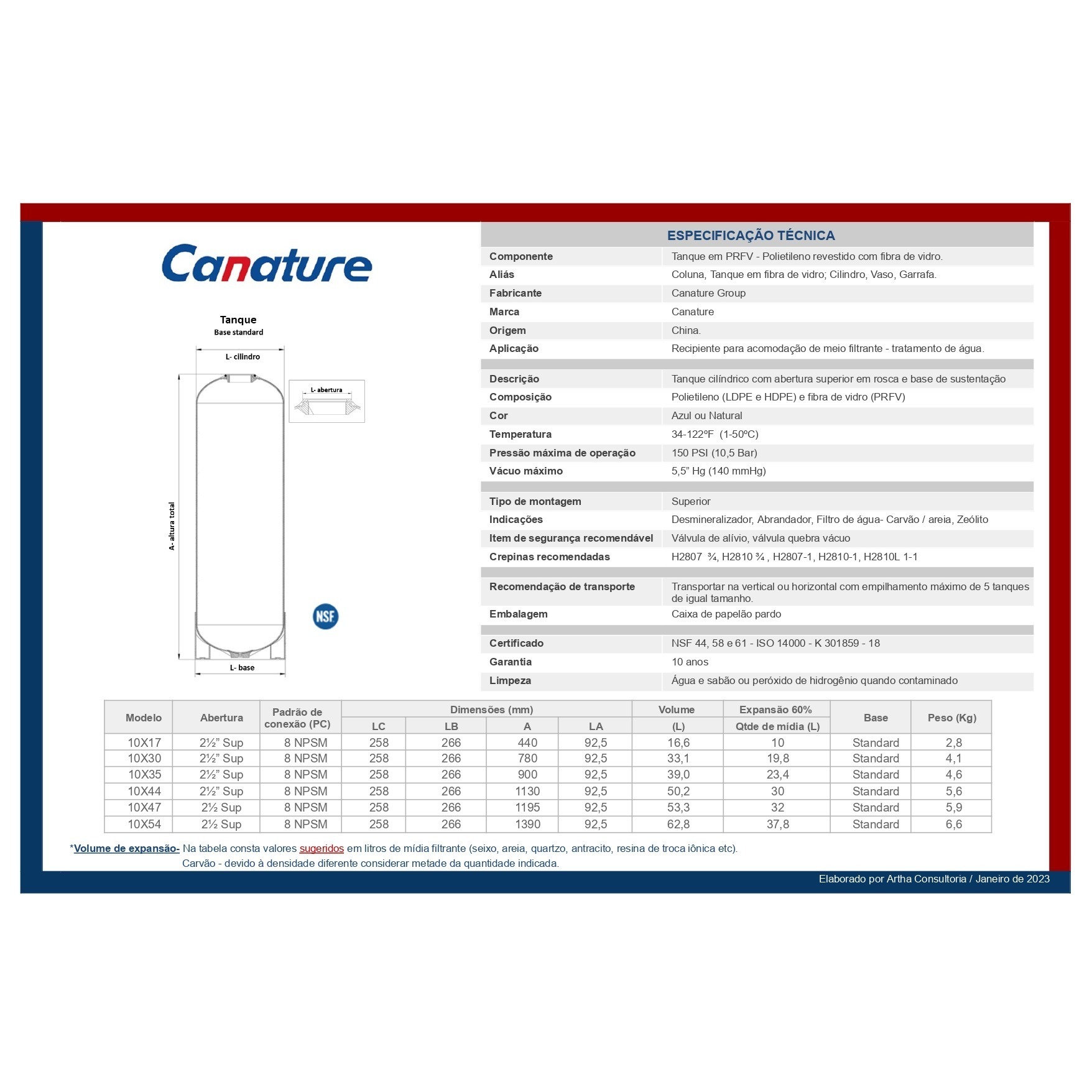 Tanque em PRFV 10X44 - Natural, Diam. 10" e 44" Alt., Abertura Sup. 2,5 ...