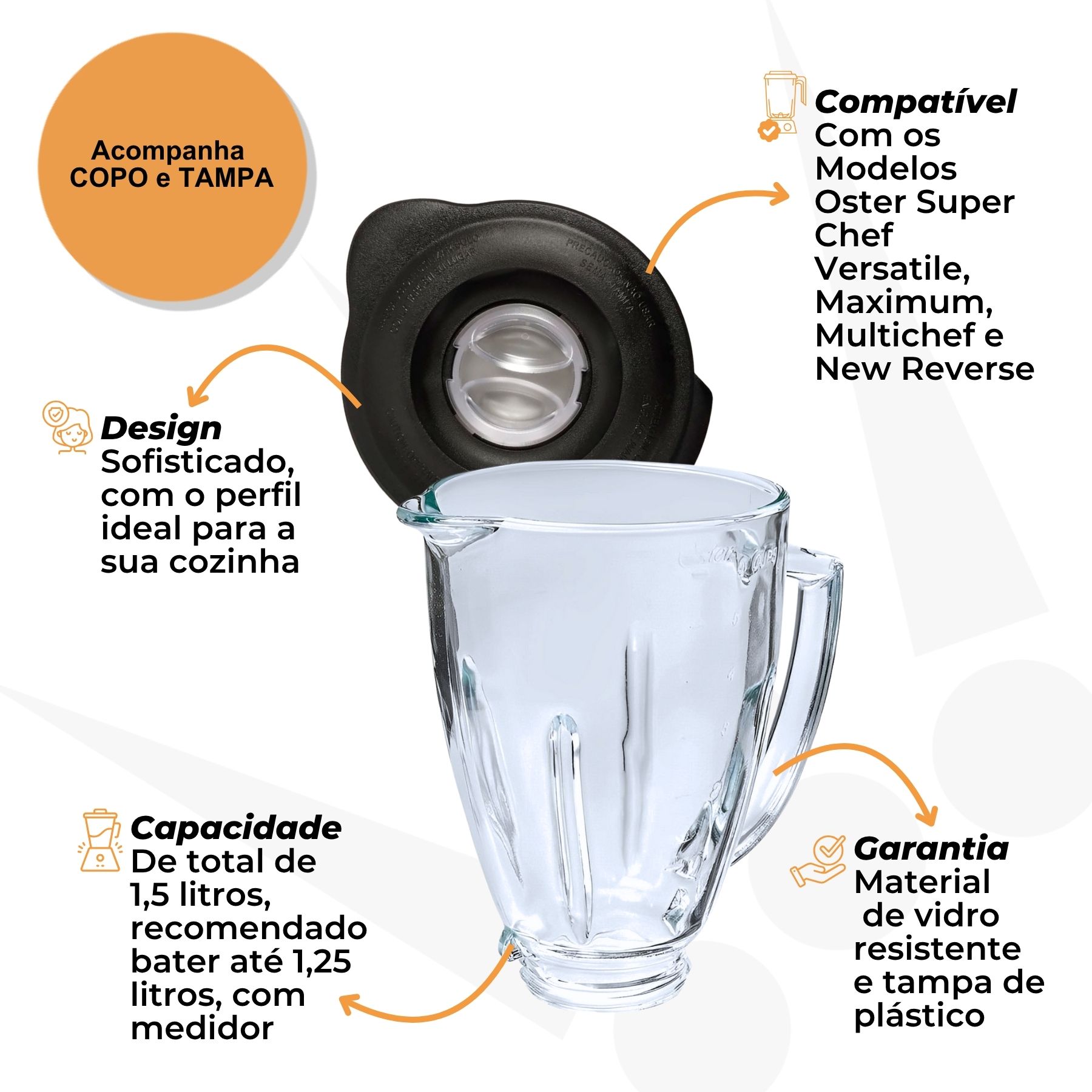 Kit Copo Redondo + Tampa Compatível Liquidificador Oster - DassHaus