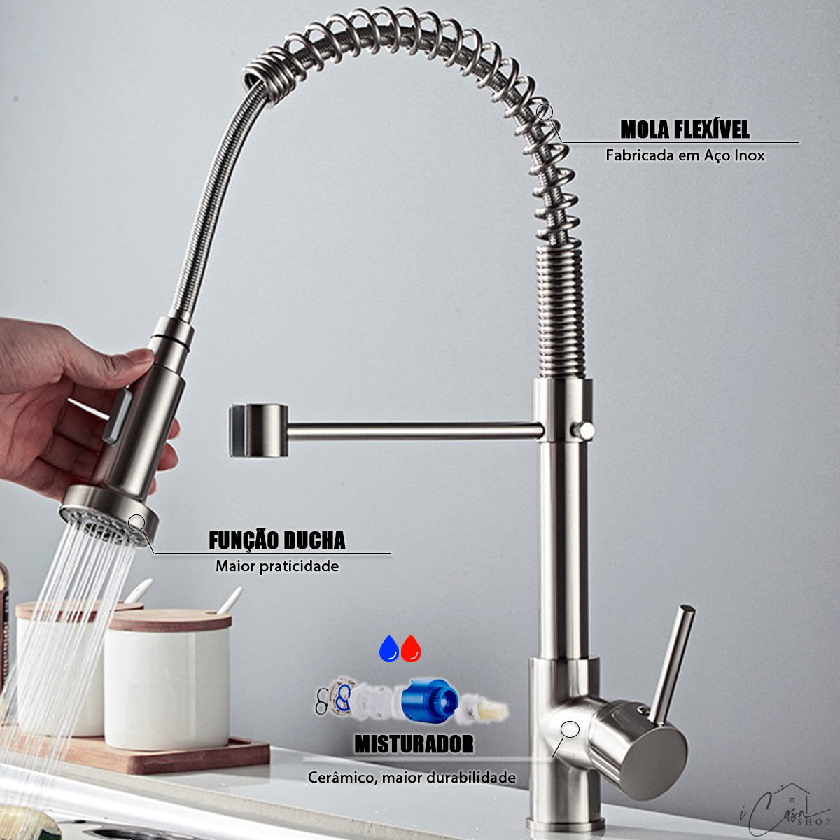 Torneira de Cozinha Flexível Monocomando Spring Jet Inox Escovado ...