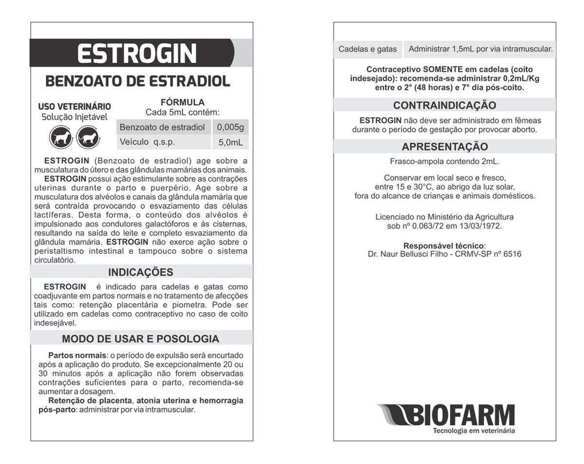 Estrogin Contraceptivo 2ml Anti Cio Para Cadelas e Gatas - Biofarm ...
