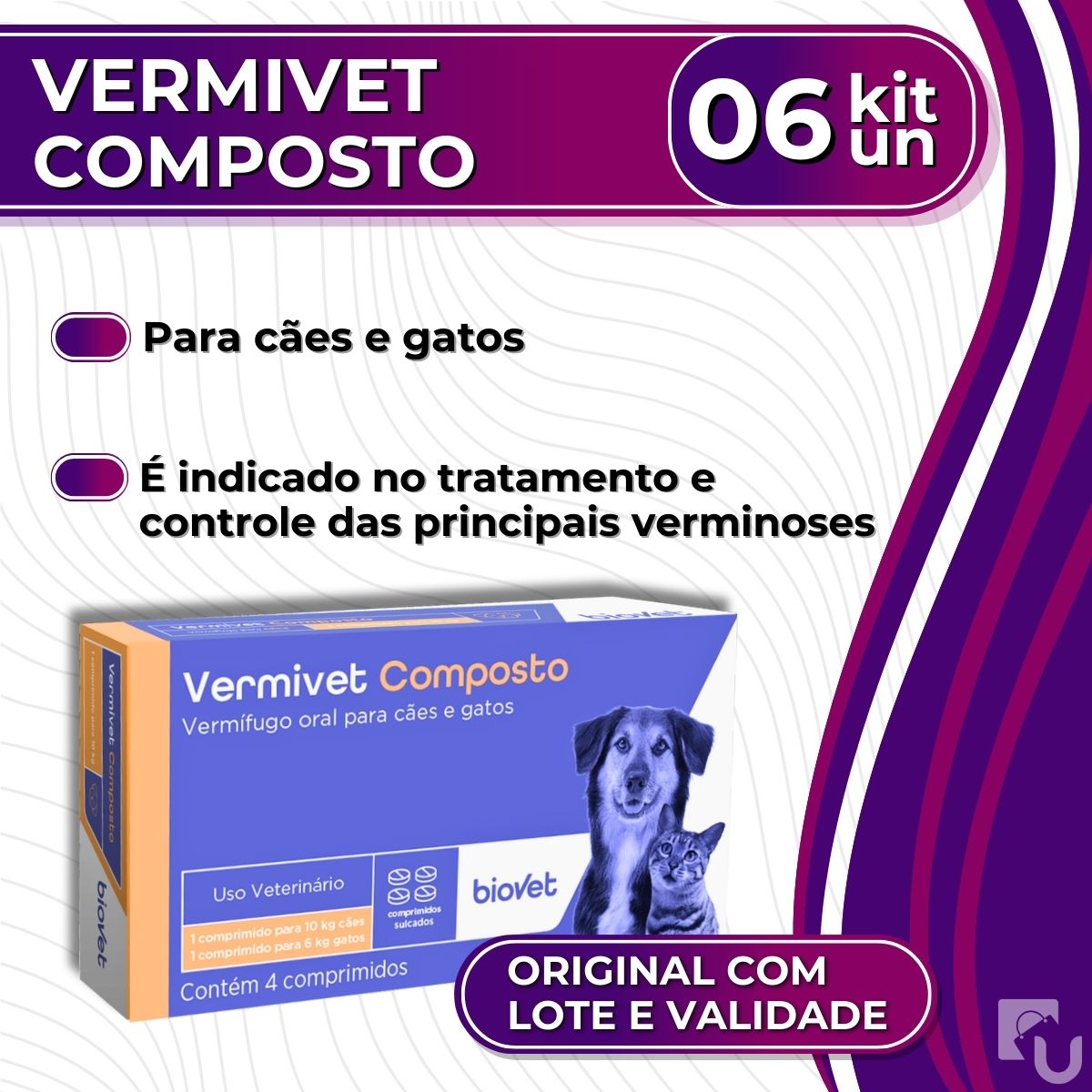 Kit 6 Caixas Vermífugo Vermivet Composto - 4 Comprimidos 600mg Cada - Biovet - Union.Pet