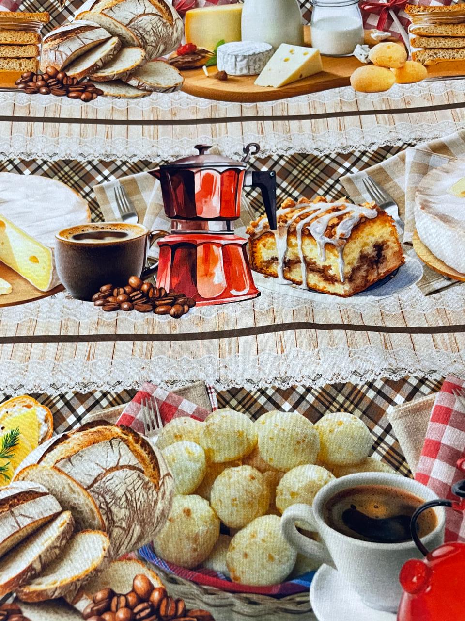 Tricoline Digital com 10 Faixas de Estampas de Pão de Queijo e Café - Jotalira Tecidos