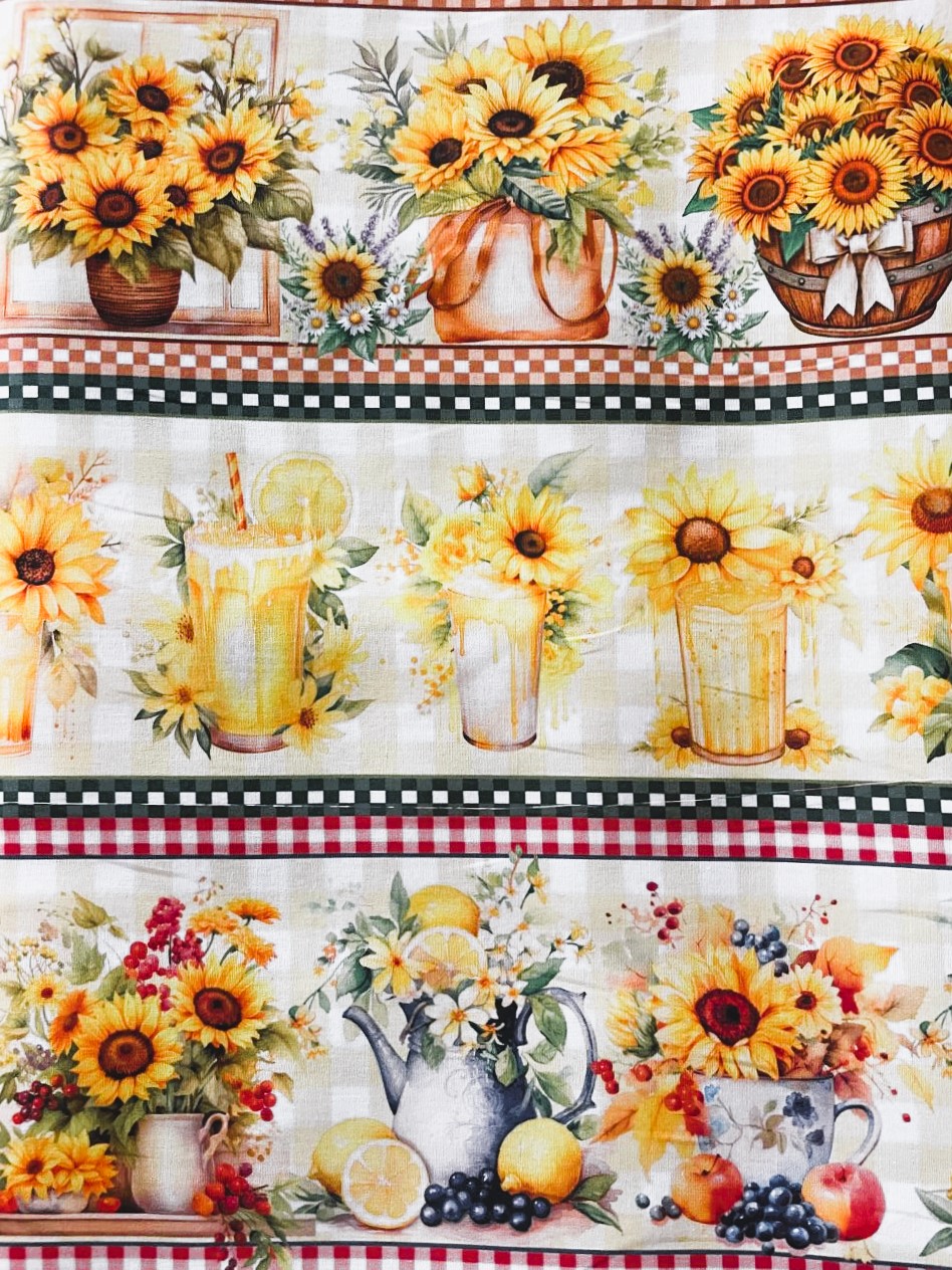 Tricoline Digital com 10 Faixas de Girassóis, Porcelanas e Frutas - Jotalira Tecidos