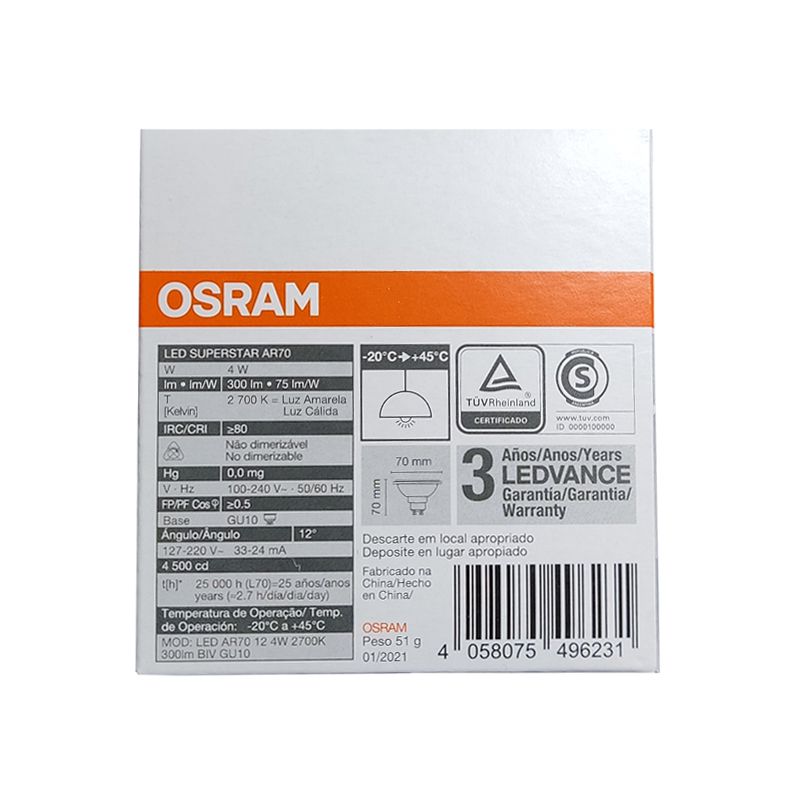Lampada LED AR70 12º 4W Luz Quente 300lm Bivolt GU10 7017351 - Osram - Loja Casa Roberto