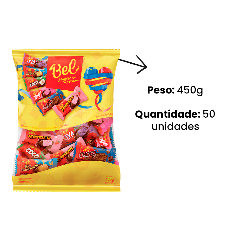 Chocolate Bombons Sortidos Bel 450g C/50un - Moranguete, Chocolate ao ...