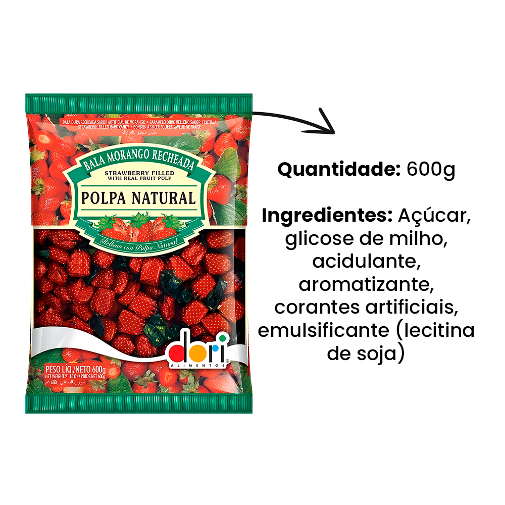 Bala Morango Recheada Polpa Natural 600g Dori - Distribuidora Galacto Doces