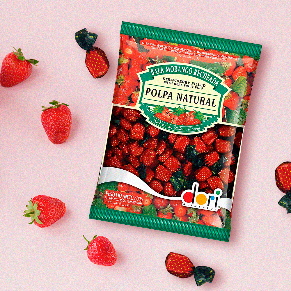 Bala Morango Recheada Polpa Natural 600g Dori - Distribuidora Galacto Doces